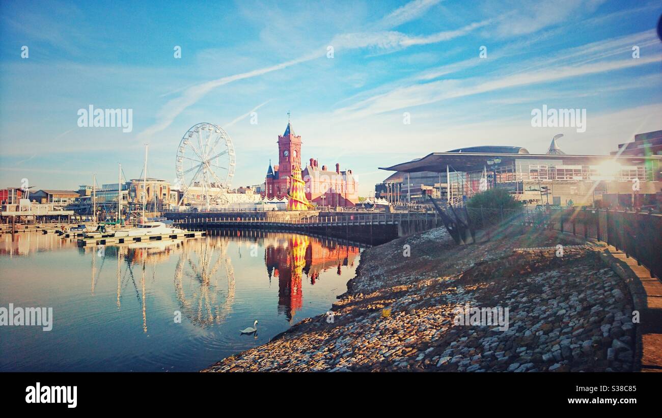 A photograph of Cardiff Bay, Wales, UK. The Senedd (Welsh Parliament ...