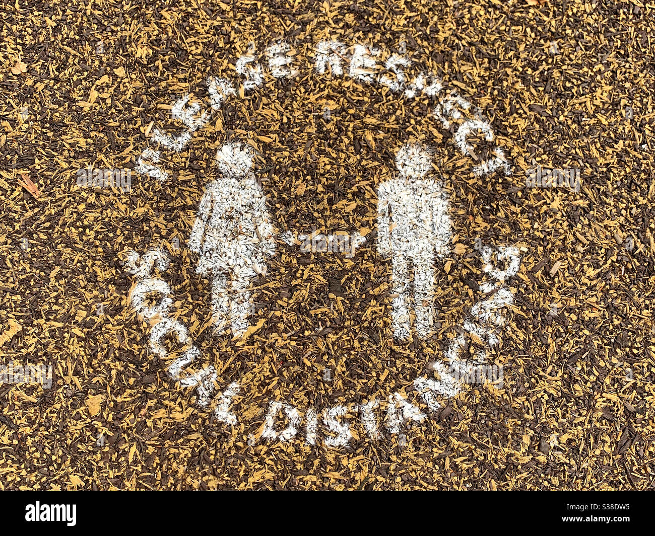 Please respect social distancing sign on the ground. Captured at Heaton ...