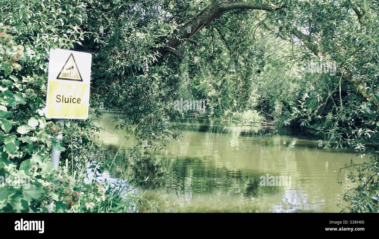 River sluice caution / warning sign on the Great River Ouse, Bedford ...