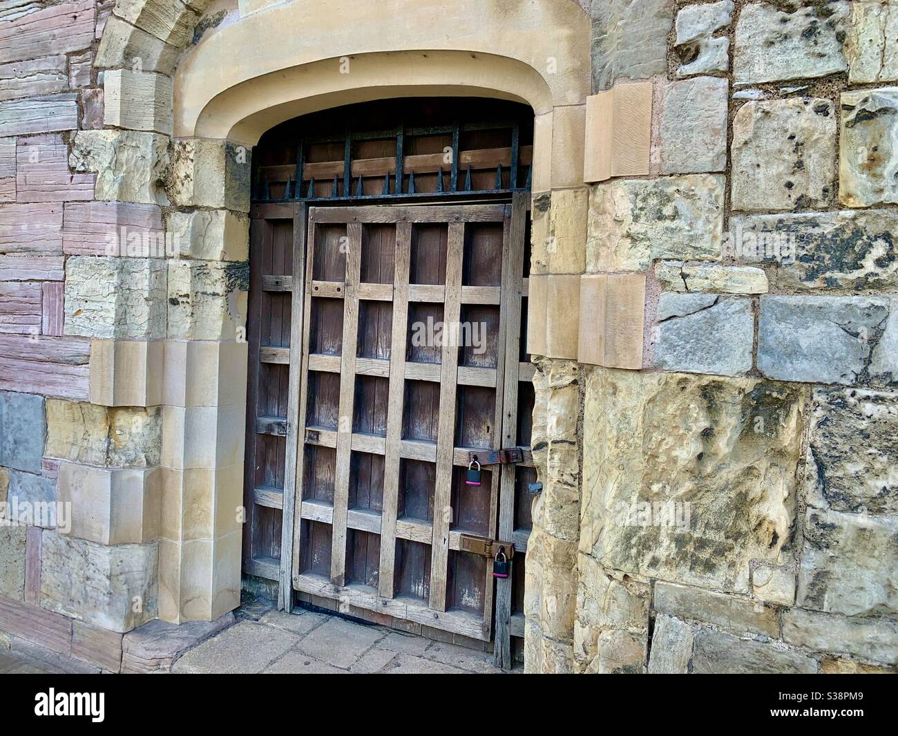 The entrance which is a wooden door, into York castle, Clifford tower ...