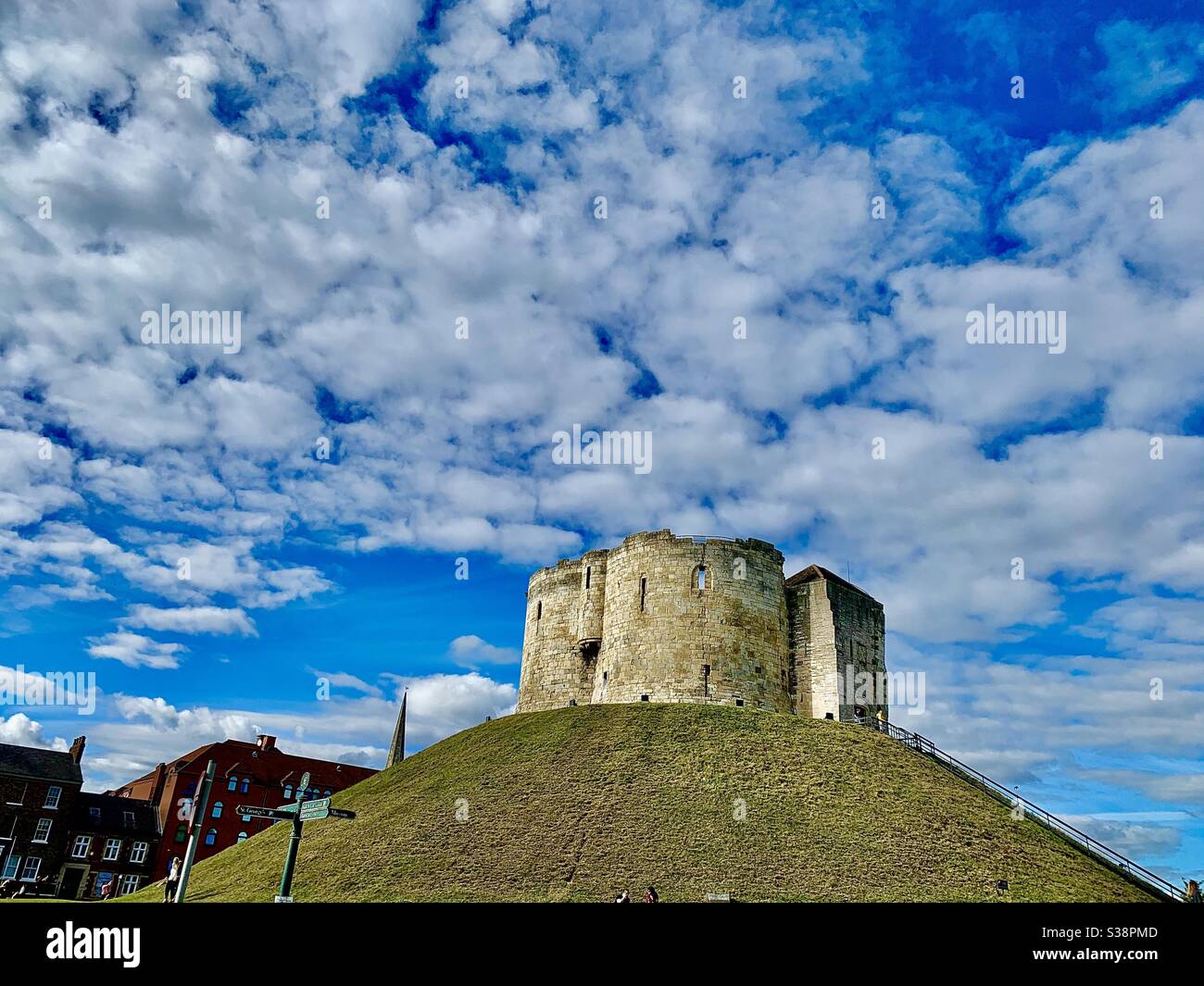 Clifford castle, at the top of a grass mount in York city, Yorkshire ...