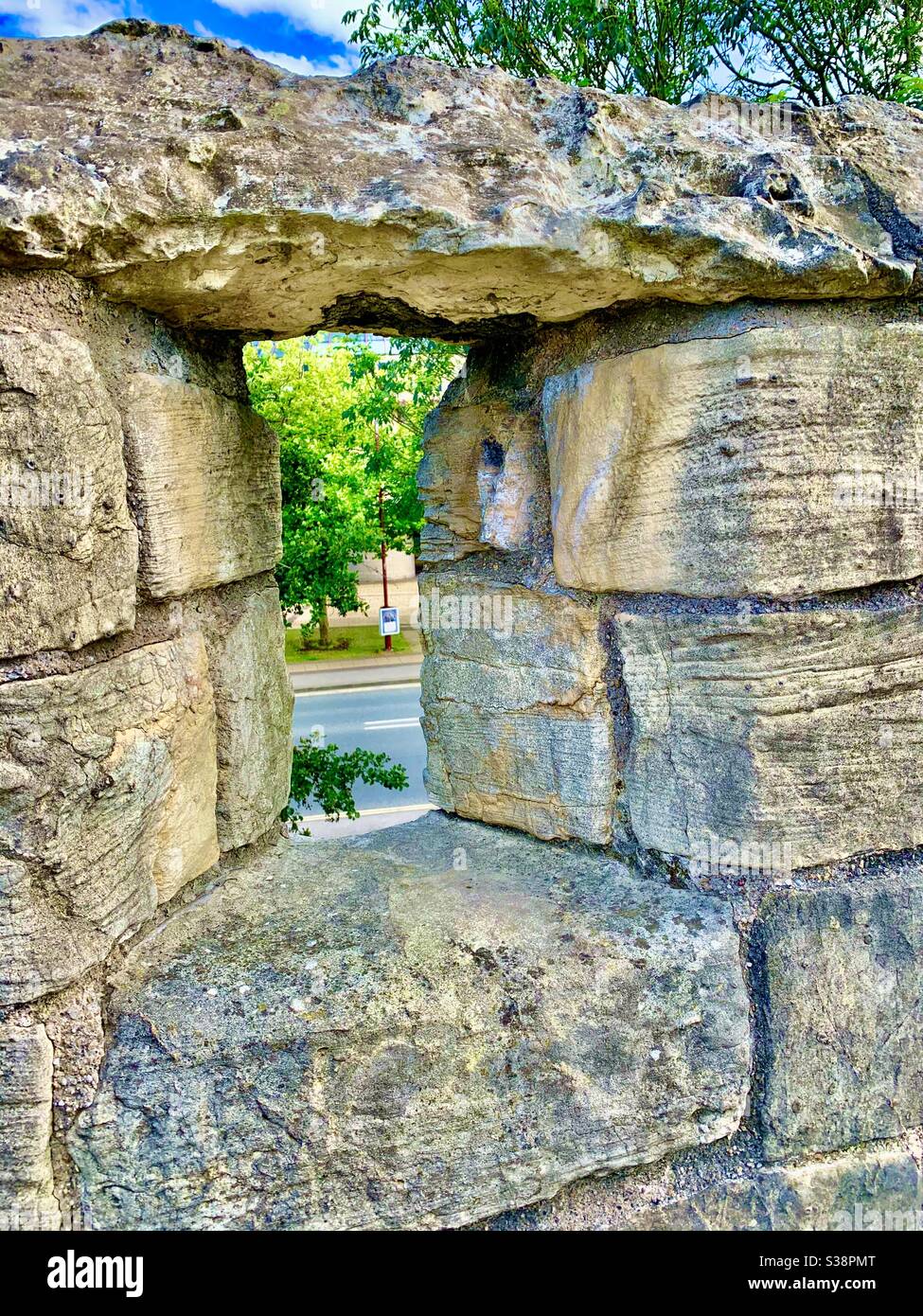 A window in the York city walls made of stone. Yorkshire, UK Stock ...