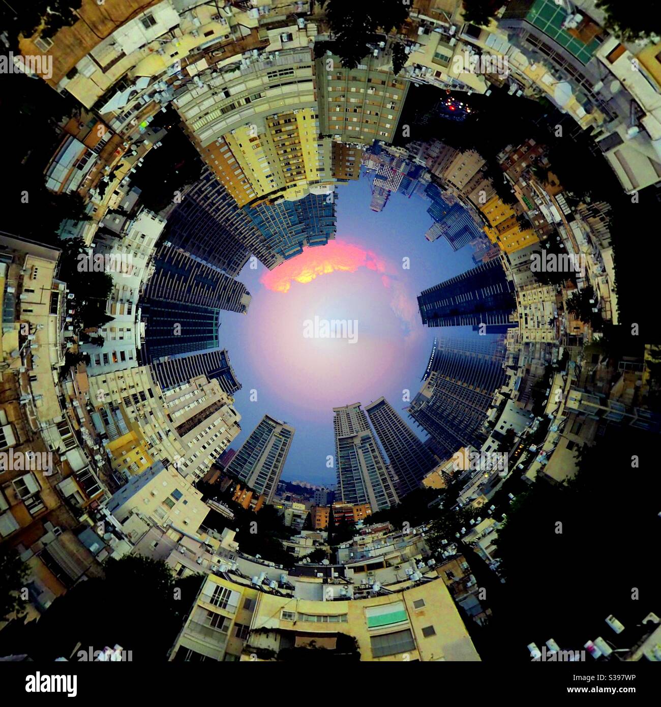 Circular rolled panorama skyline at sunset Stock Photo - Alamy