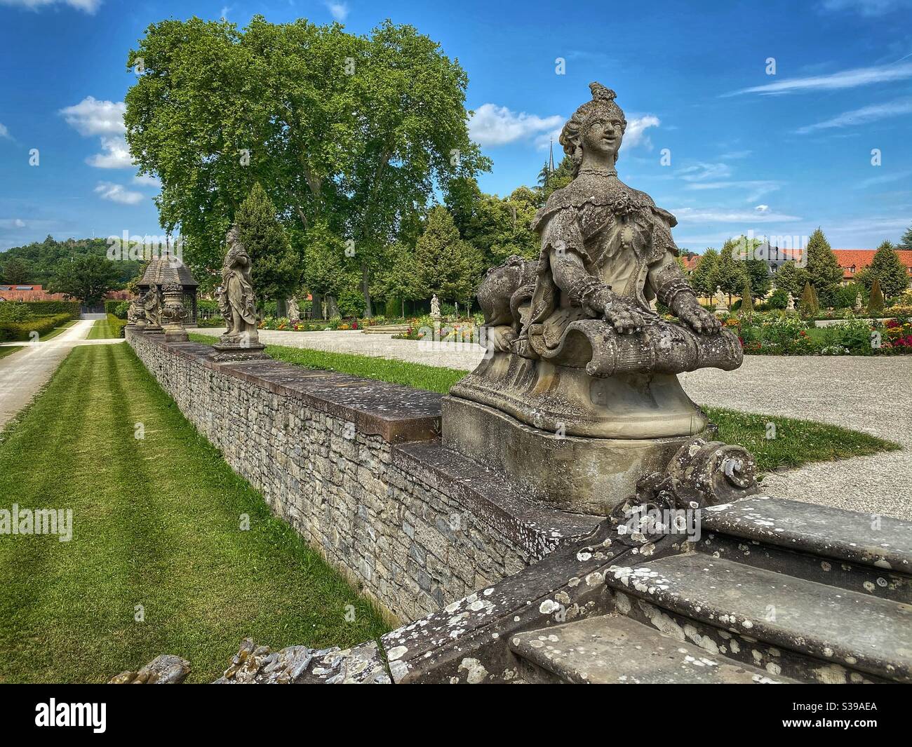 Statues in the rococo garden of summer residence palace near Würzburg ...