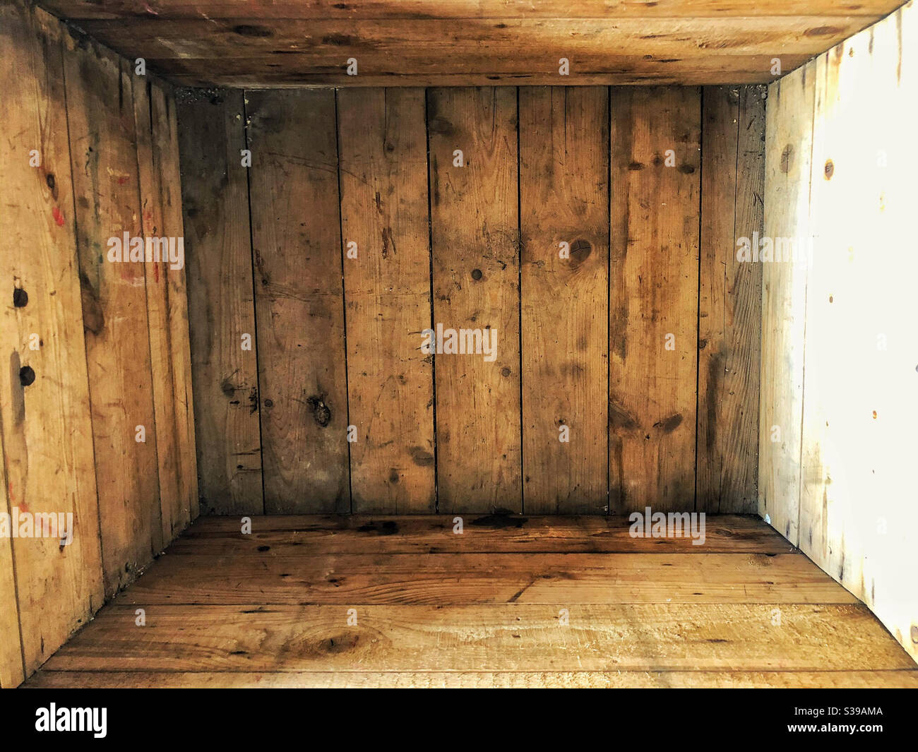 Interior of large wooden box or crate, empty Stock Photo - Alamy