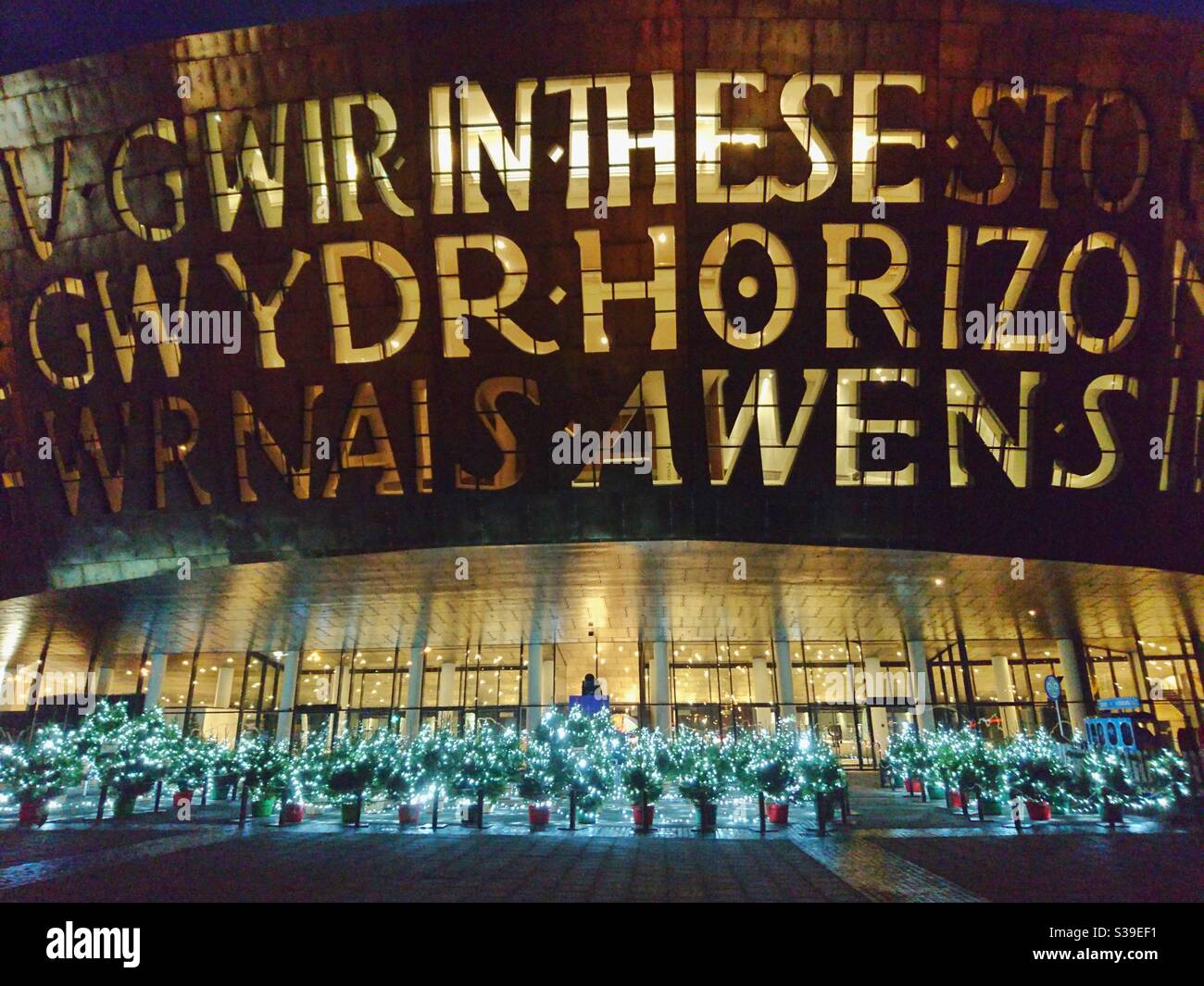 A photograph of the front of the Wales Millennium Centre in Cardiff Bay ...