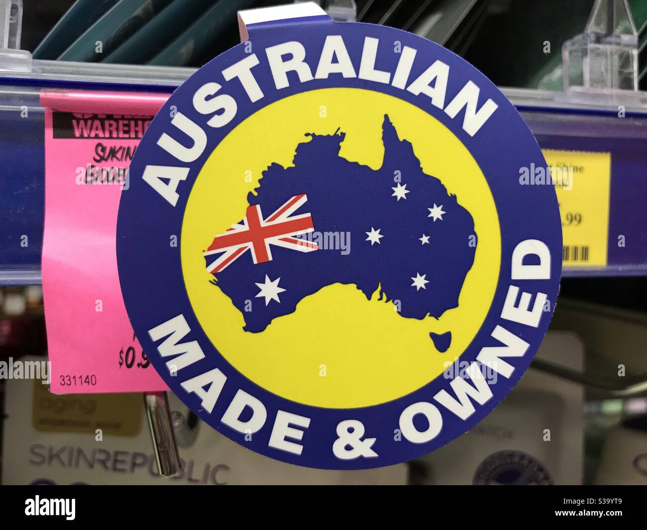 Australian made and owned sign at the Chemist Warehouse Stock Photo - Alamy