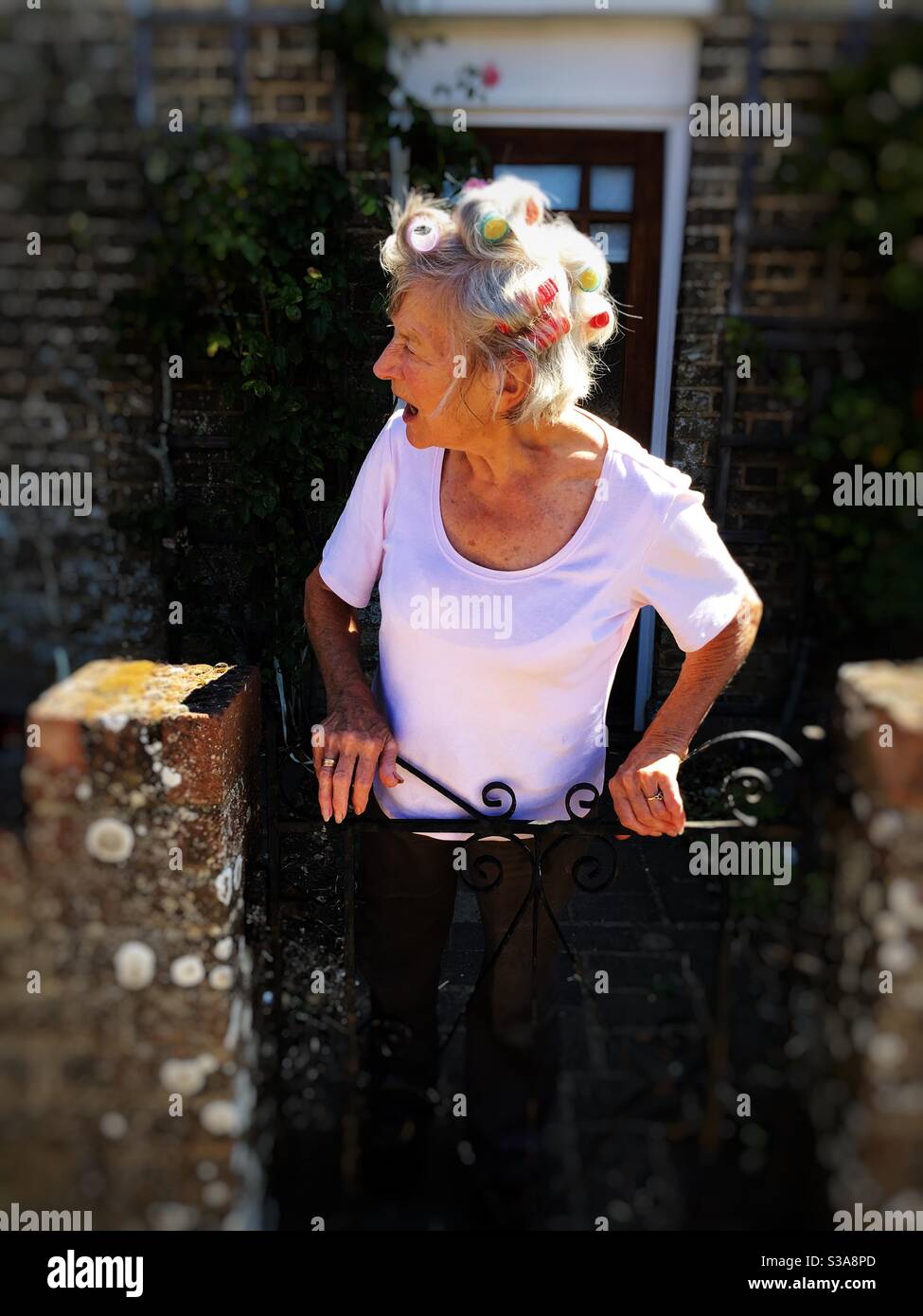 Elderly woman at garden gate Stock Photo - Alamy