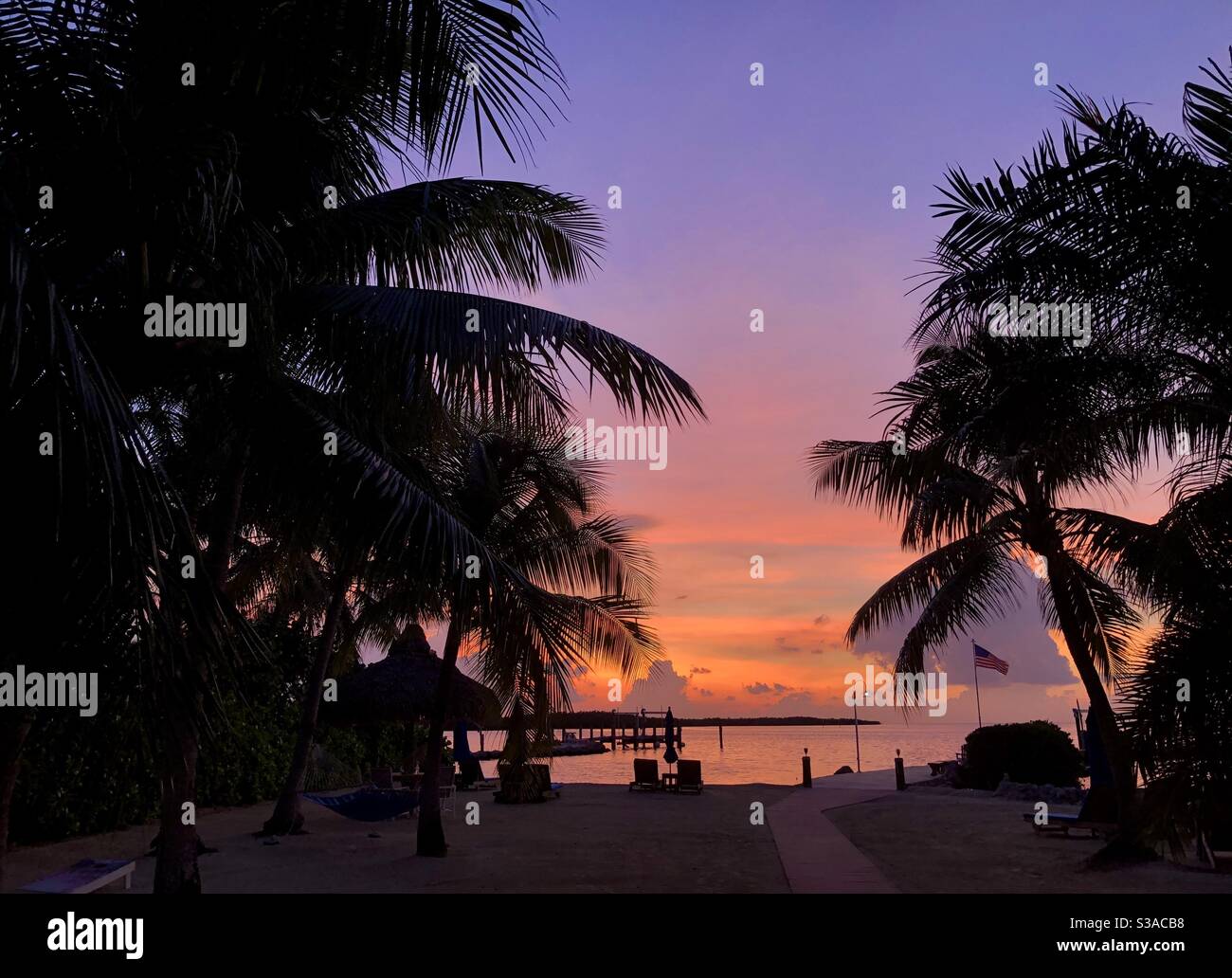 Beautiful setting sun on the ocean in Key Largo, Florida with palm ...