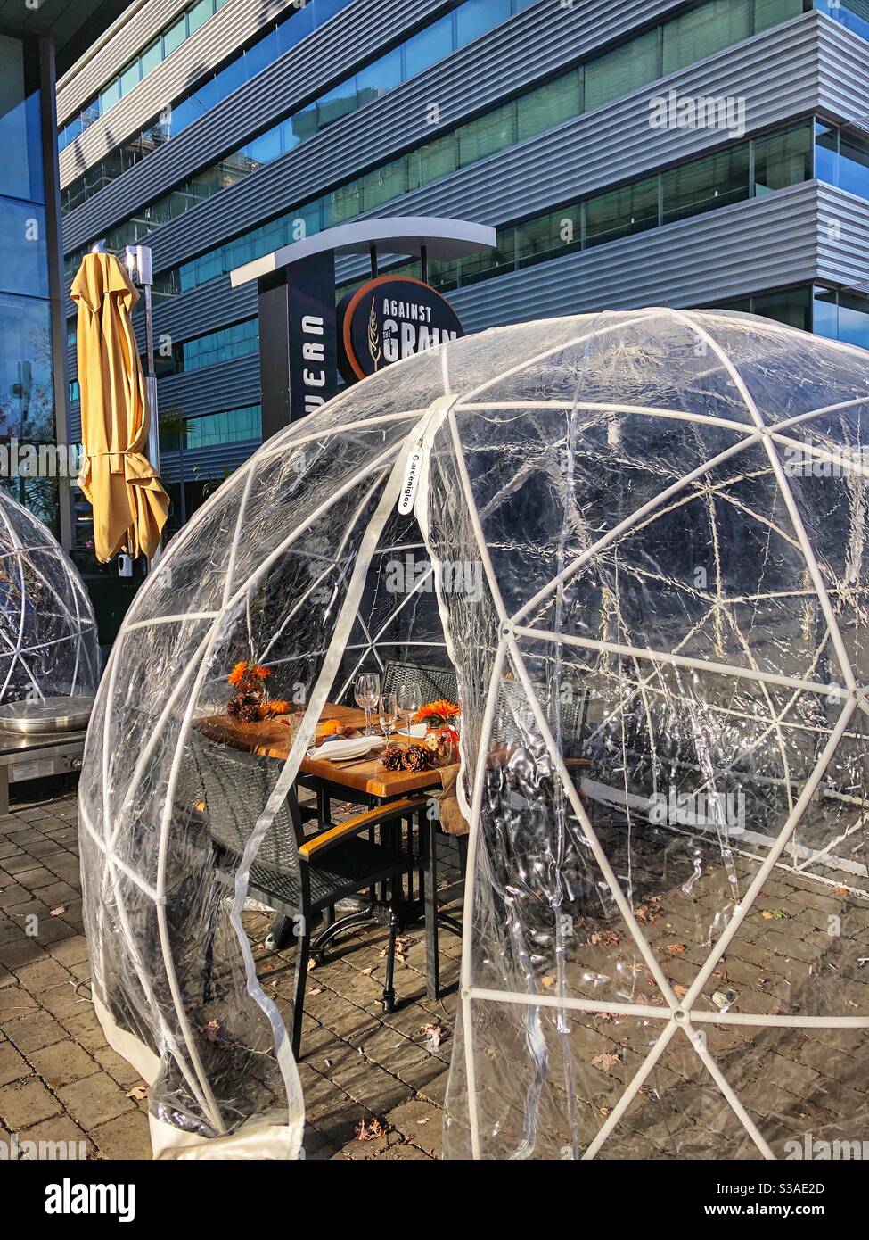 A cozy plastic bubble to protect patrons during COVID-19 on an outdoor ...