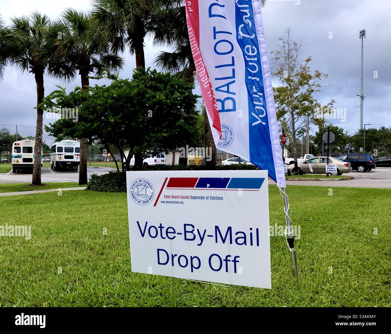 Vote by mail drop-off center signs outside of a community center in ...