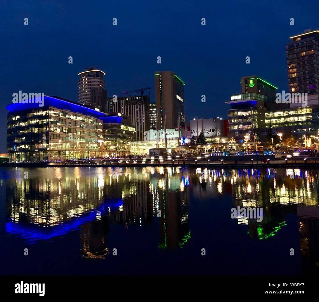 Media City Salford Quays, Manchester night reflection Stock Photo - Alamy
