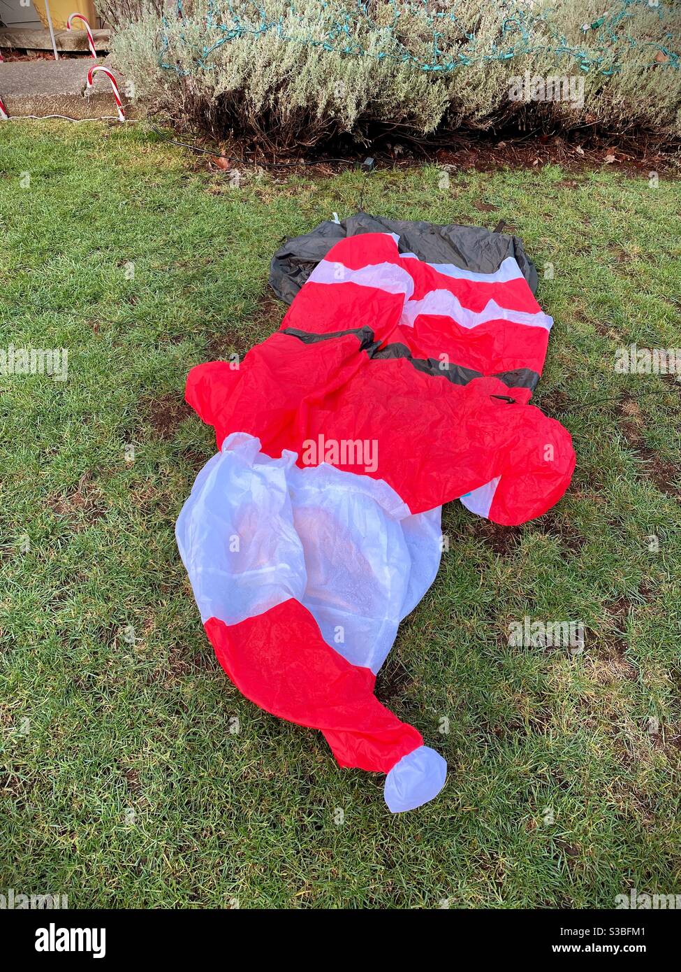 A flattened inflatable Santa Claus decoration face down on a lawn Stock ...