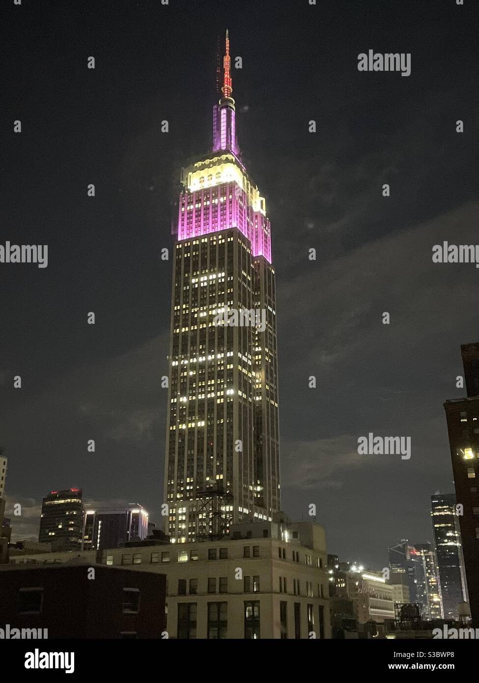 Pink & white or pink & gold lights on the Empire State Building as seen ...