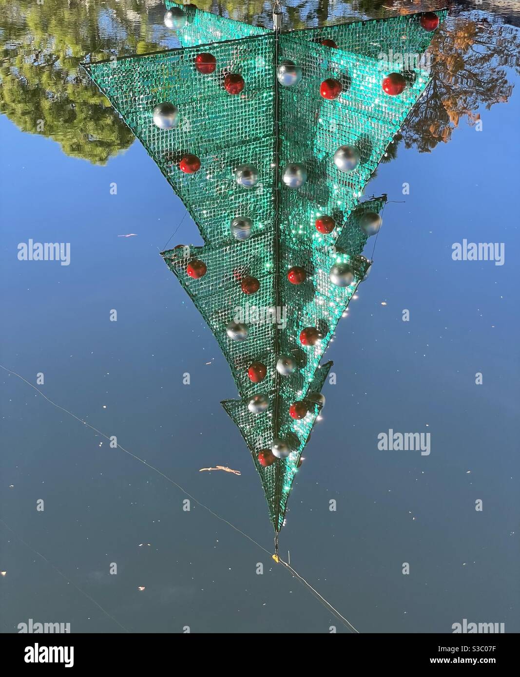 Reflections of an outdoor Christmas tree on water Stock Photo - Alamy