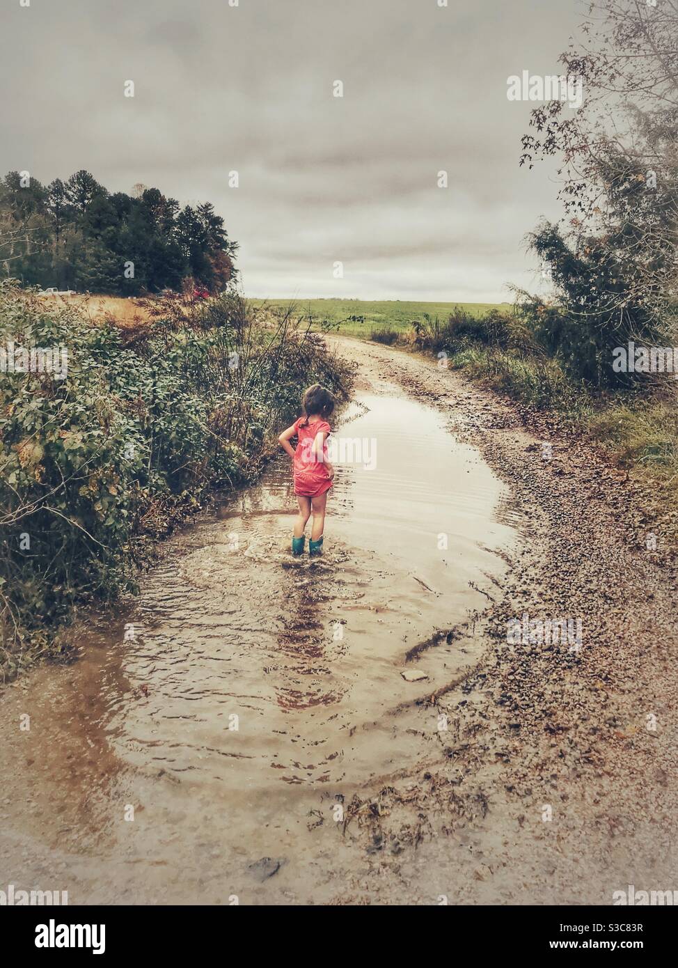Little girl playing in mud puddle in November in North Carolina Stock ...