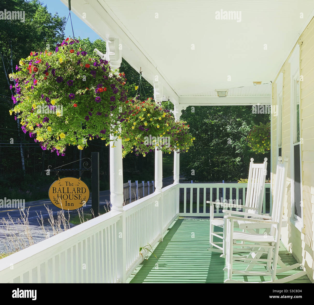 August, 2020. The porch at the Ballard House Inn, Meredith, New ...