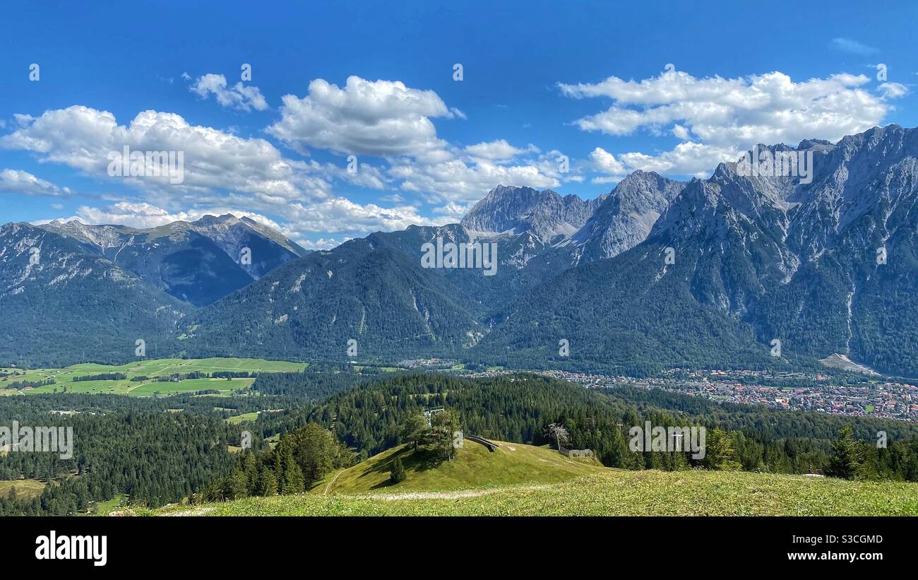 Alpine view at Karwendel mountain range and Mittenwald town from the ...