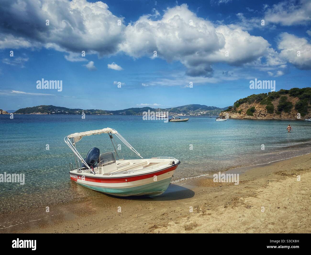 Boat on the beach in Arkos, a little island near Skiathos, Greece Stock ...