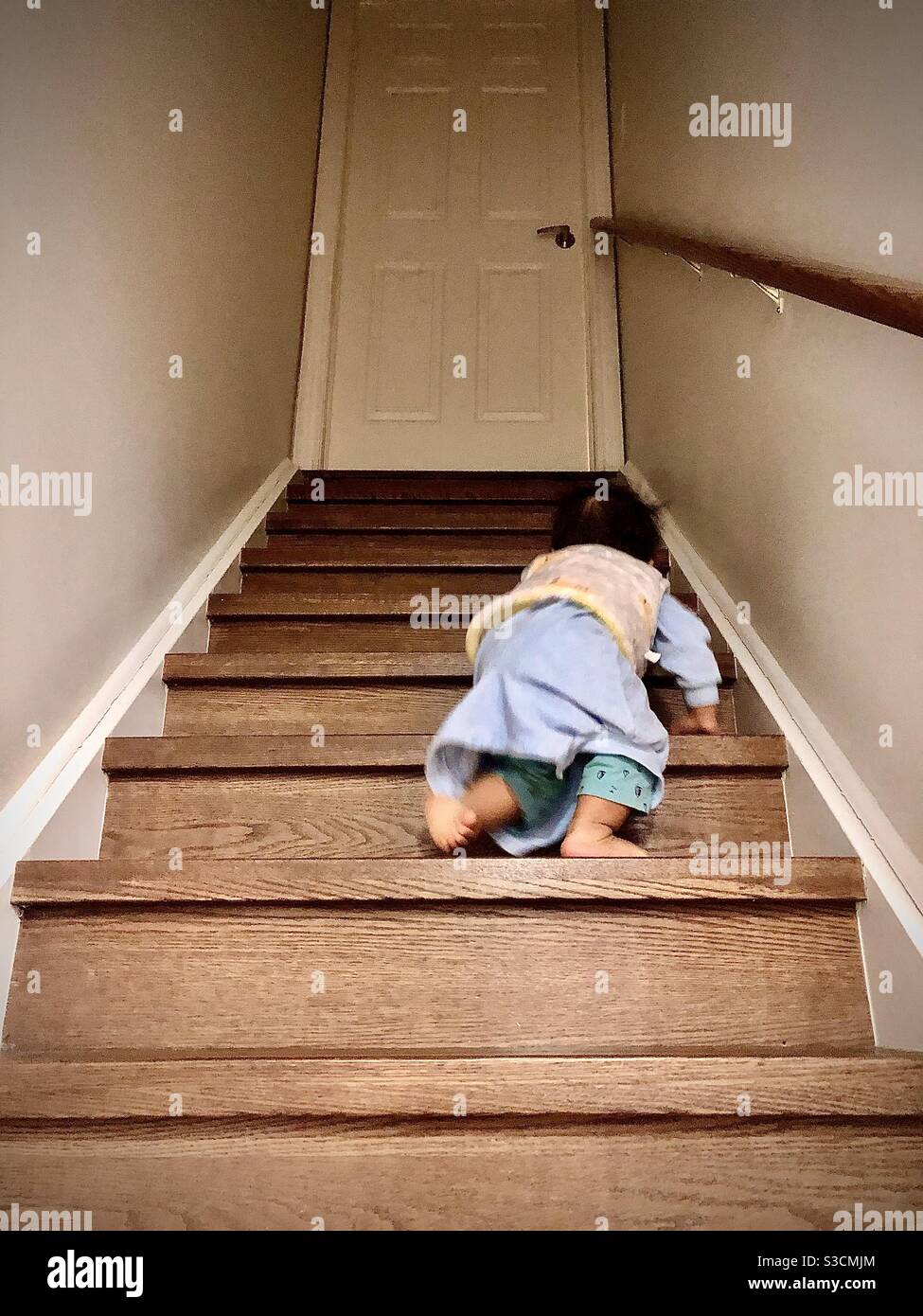 Toddler learning to climb stairs Stock Photo - Alamy