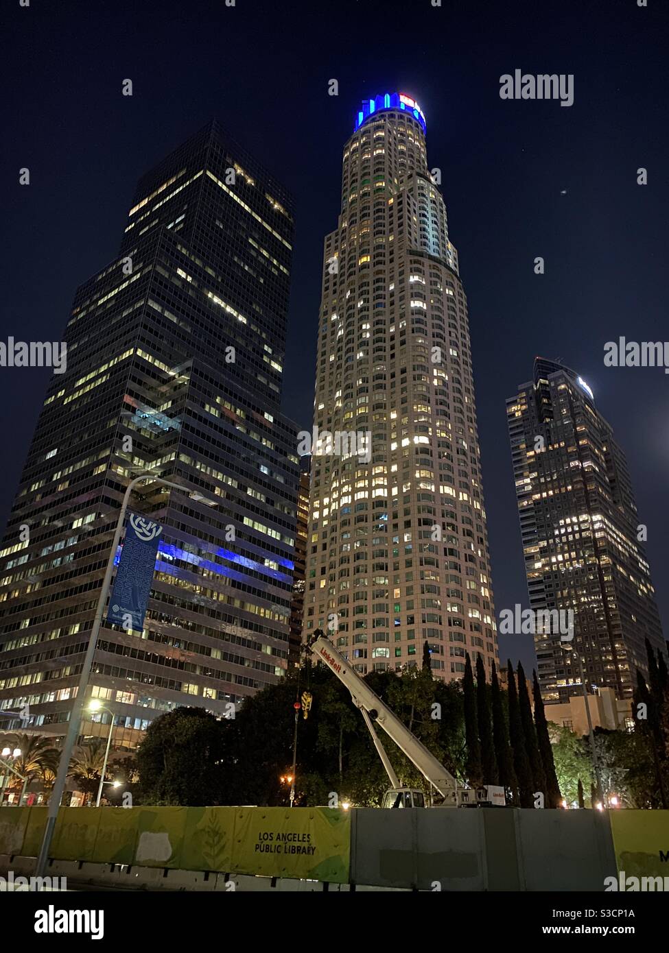 LOS ANGELES, CA, OCT 2020: looking up at US Bank Tower and neighboring ...