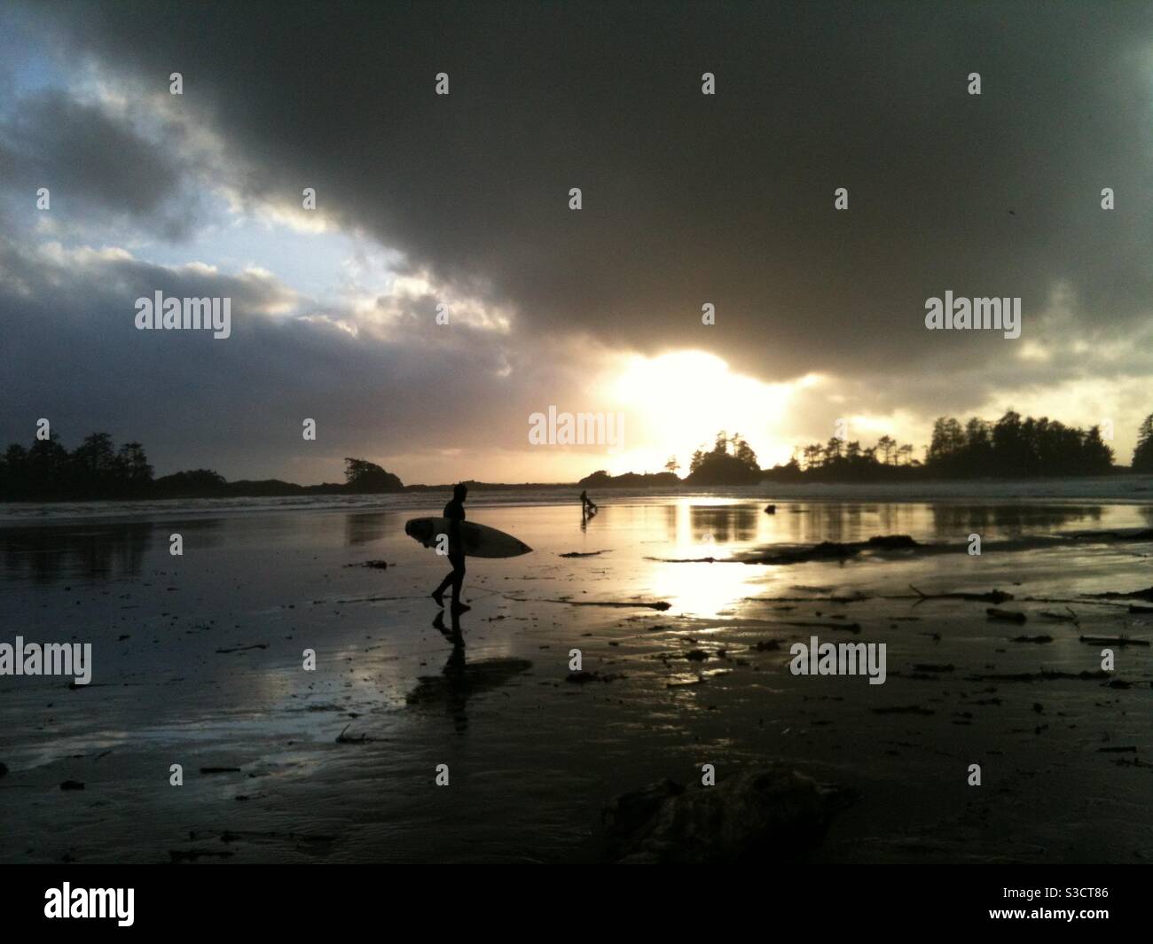 Sunset view of surfer on Chesterman Beach Tofino BC Stock Photo - Alamy