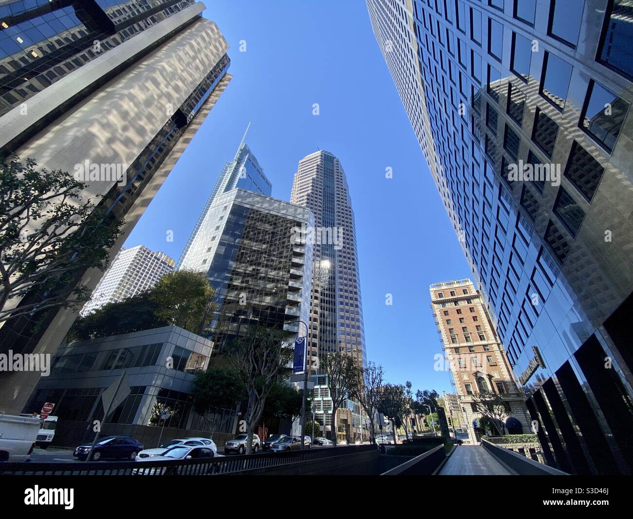 LOS ANGELES, CA, NOV 2020: wide angle view looking up at skyscrapers ...