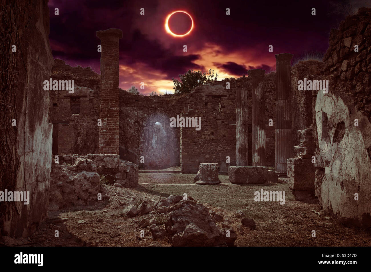 Mysterious presences in ancient ruins solar eclipse In twilight Stock ...