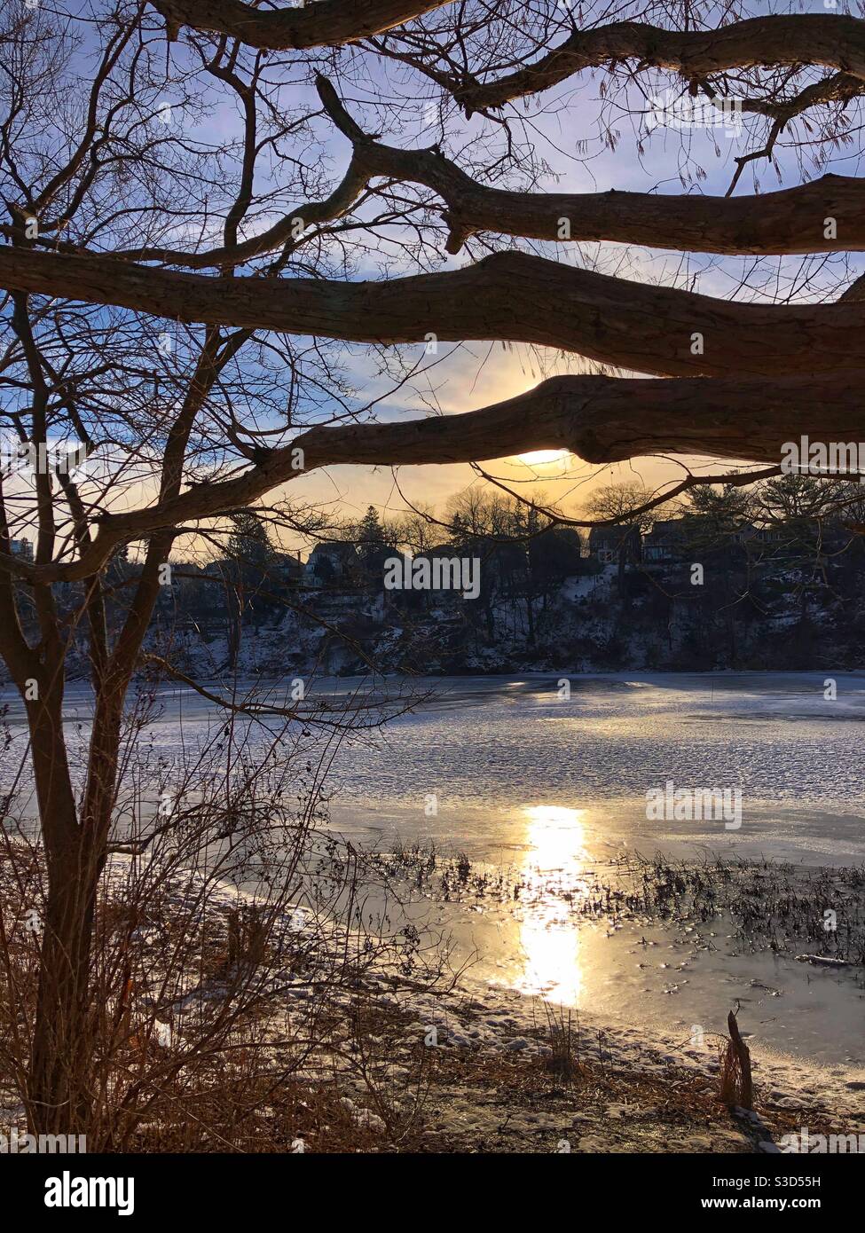 Winter sunset over a pond Stock Photo - Alamy