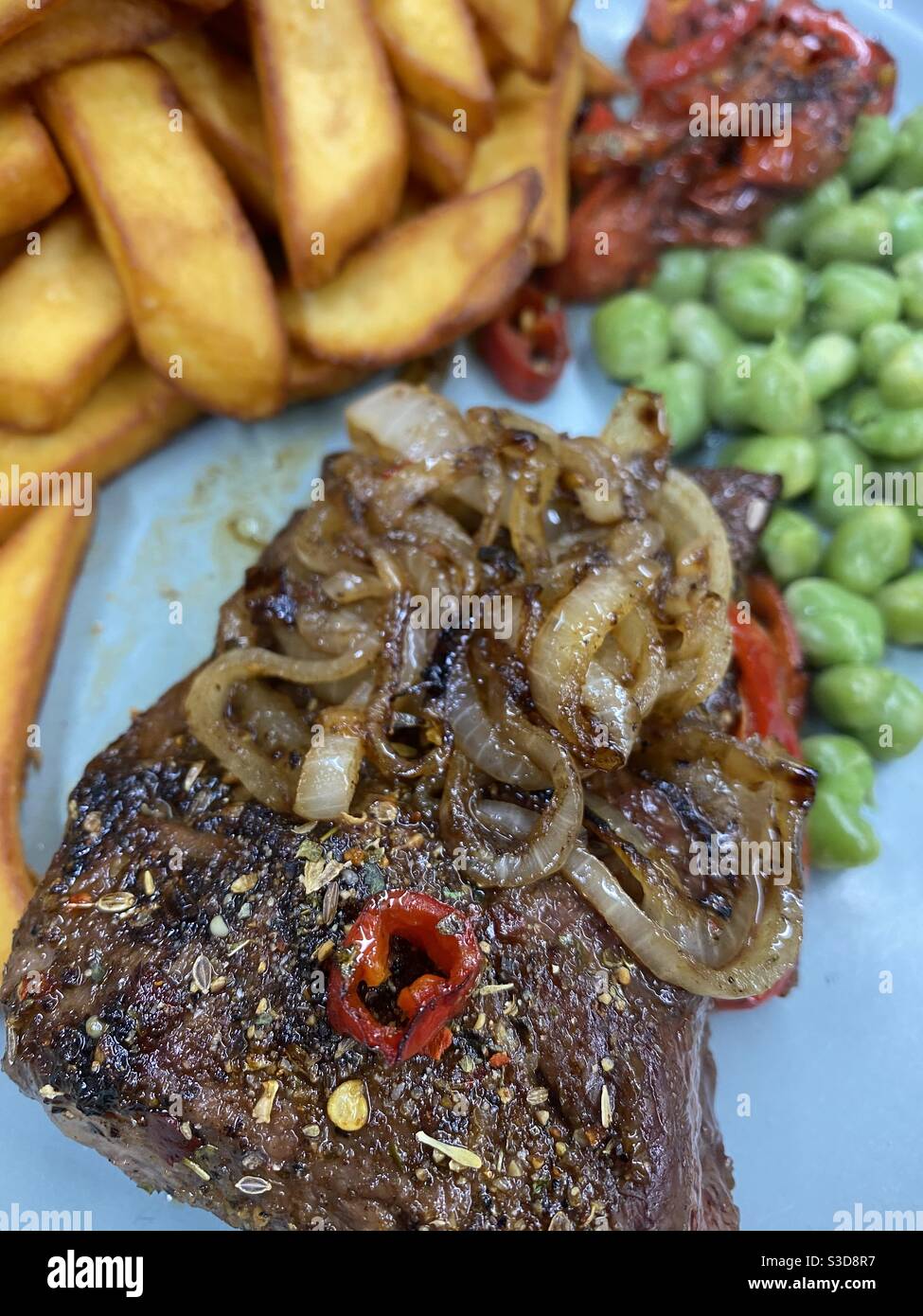 Flat Iron Steak, Fried Onions, Balsamic Vinegar Pepper, Tomato and ...