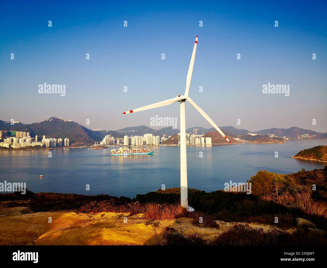A view of the east lamma channel with the wind turbine on Lamma island ...