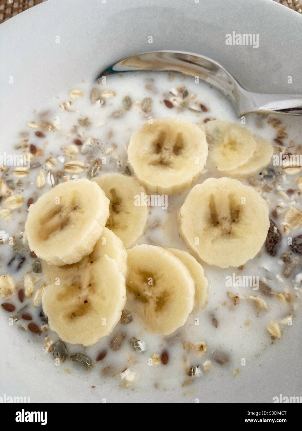Sad breakfast - a bowl of muesli with milk and banana slices that ...