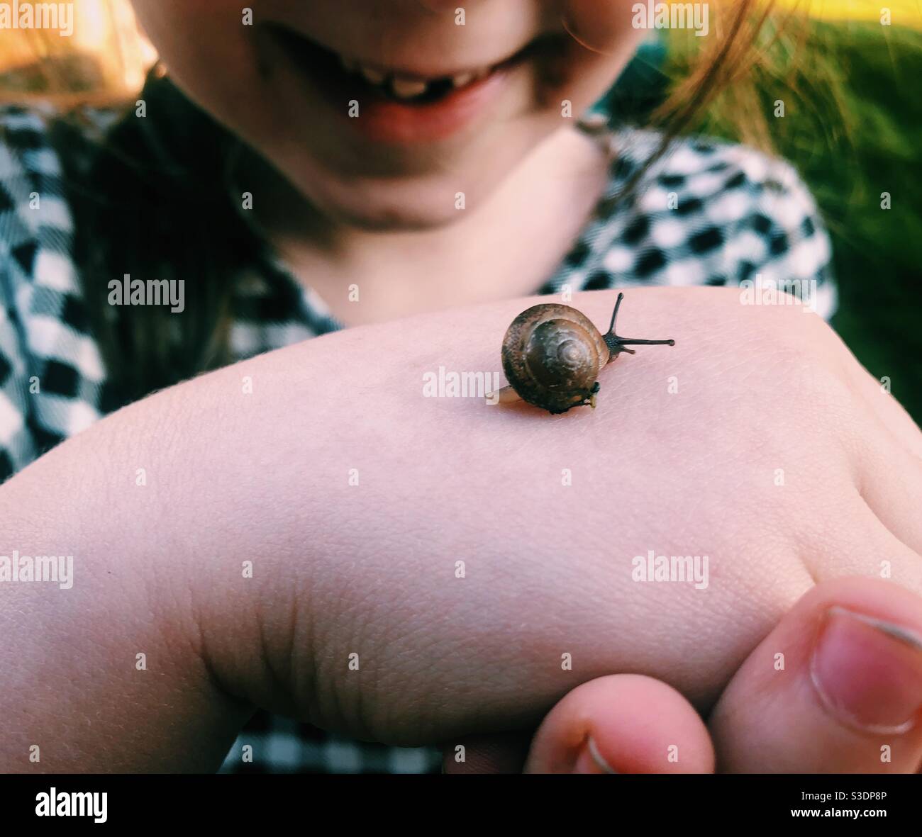 Little girl with snail on hand Stock Photo - Alamy