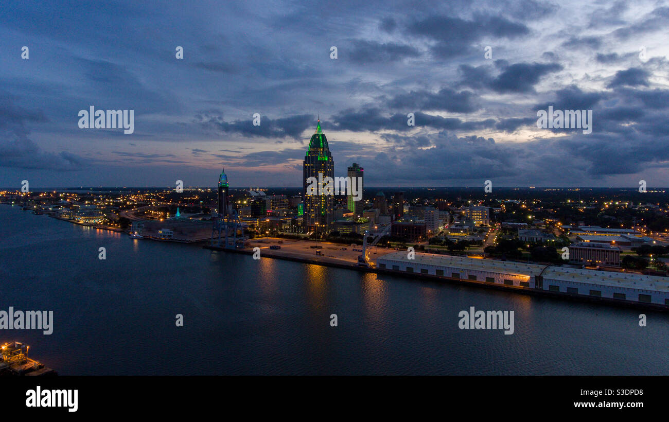 Downtown Mobile waterfront skyline at twilight Stock Photo - Alamy