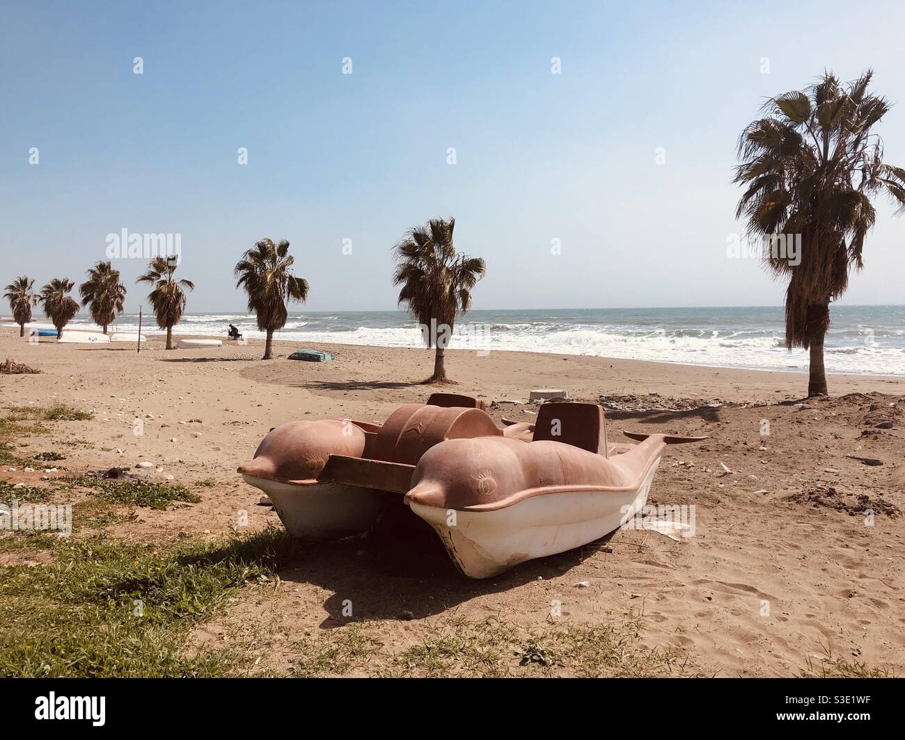 Dolphin shaped boat left on sandy beach Stock Photo - Alamy