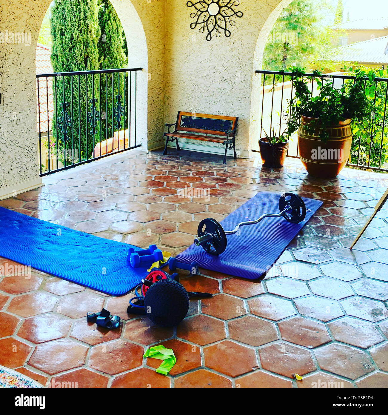 Outdoor workout on a beautiful patio Stock Photo - Alamy