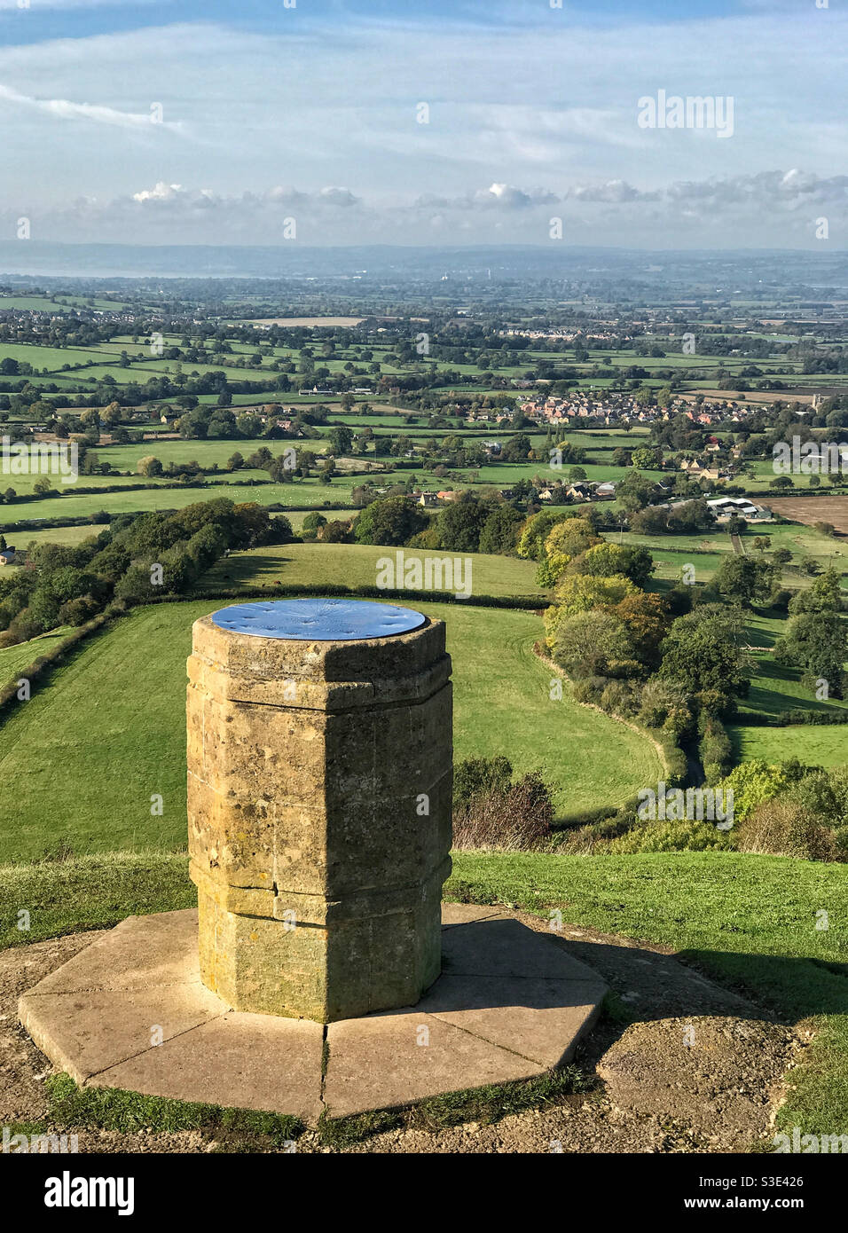 View from Coaley Peak, including the topograph, in the Cotswolds, near ...
