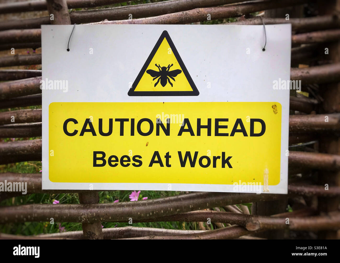 Sign warning visitors to expect bees at work in the garden. Wrest Park ...