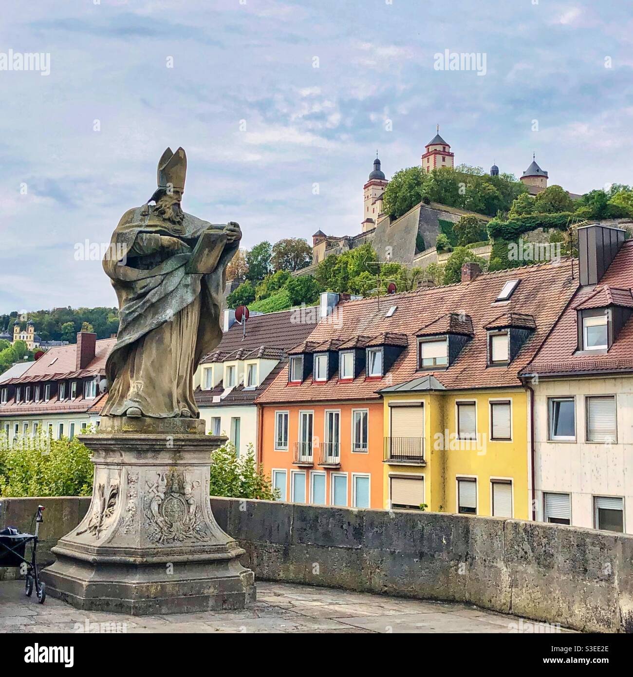 Statue of St. Bruno on the Old Main Bridge in Würzburg with Marienberg ...