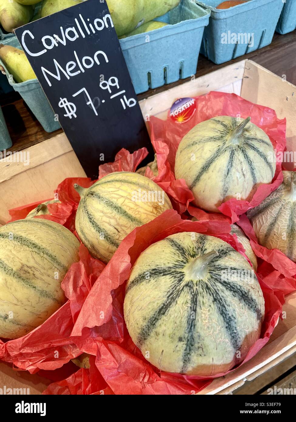 cavallion Melons for sale in the produce section of a grocery store in ...
