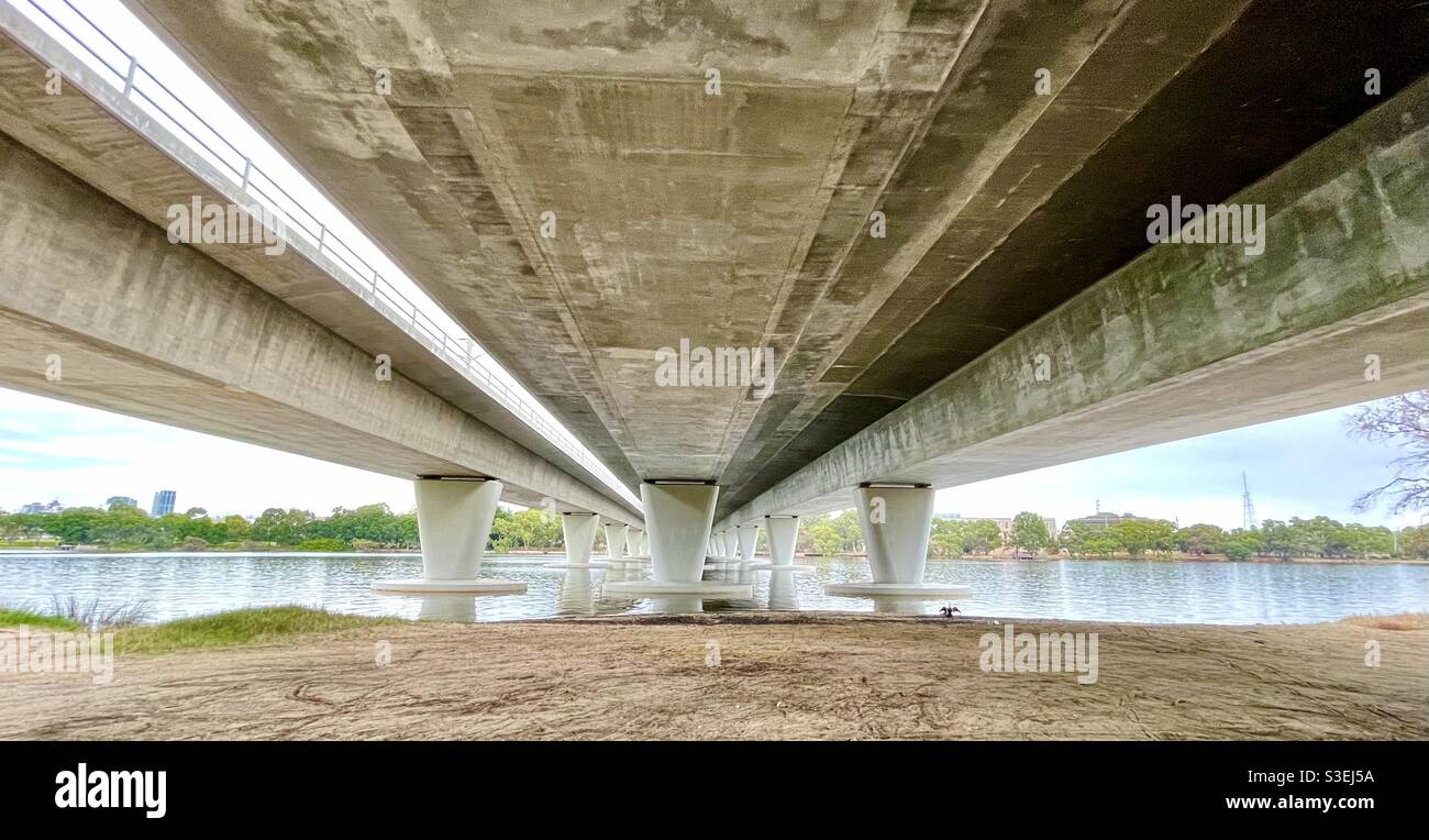 Under the Windan Bridge and Goongoongup railway bridge Swan River Perth ...