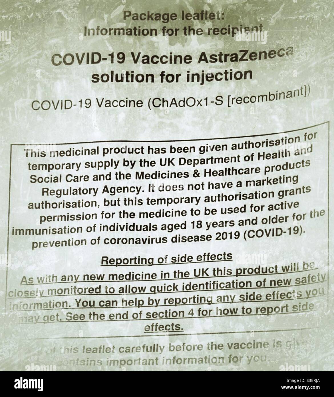AstraZeneca vaccine package leaflet information for recipients Stock ...