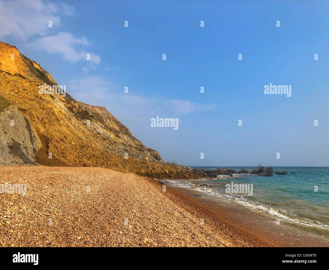 Seatown beach with cliff in the background which collapsed April 2021 ...