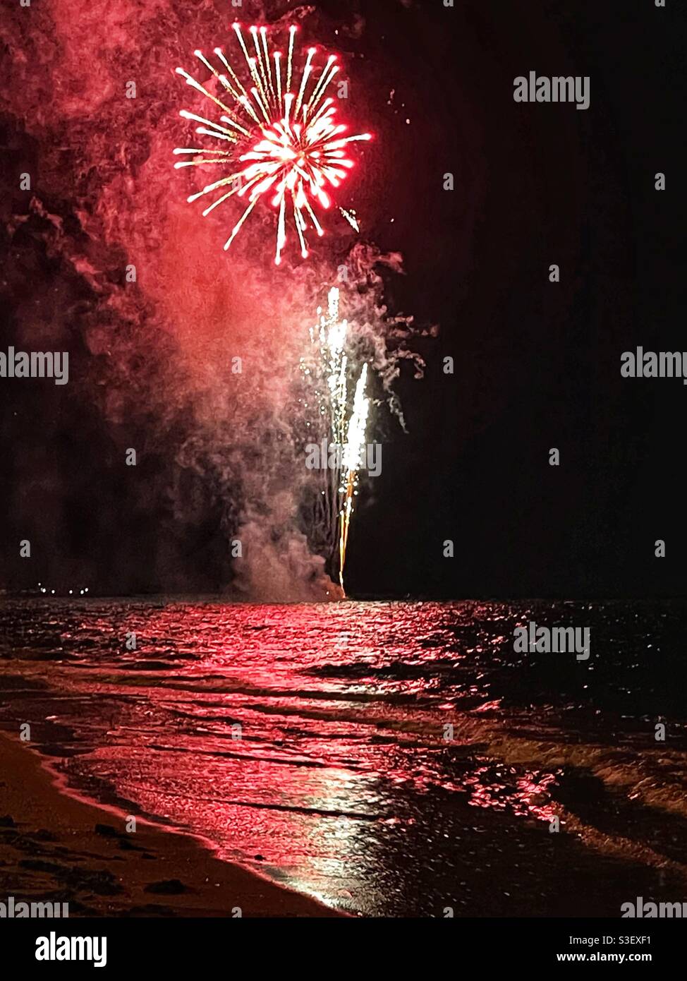 Fireworks over the beach - Redcliffe, Queensland, Australia Stock Photo ...