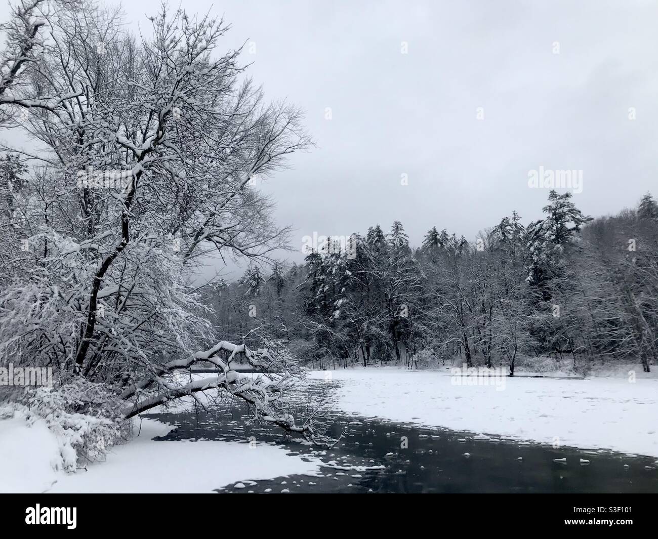 Schroon River after a massive snowstorm in the Adirondack Mountains ...