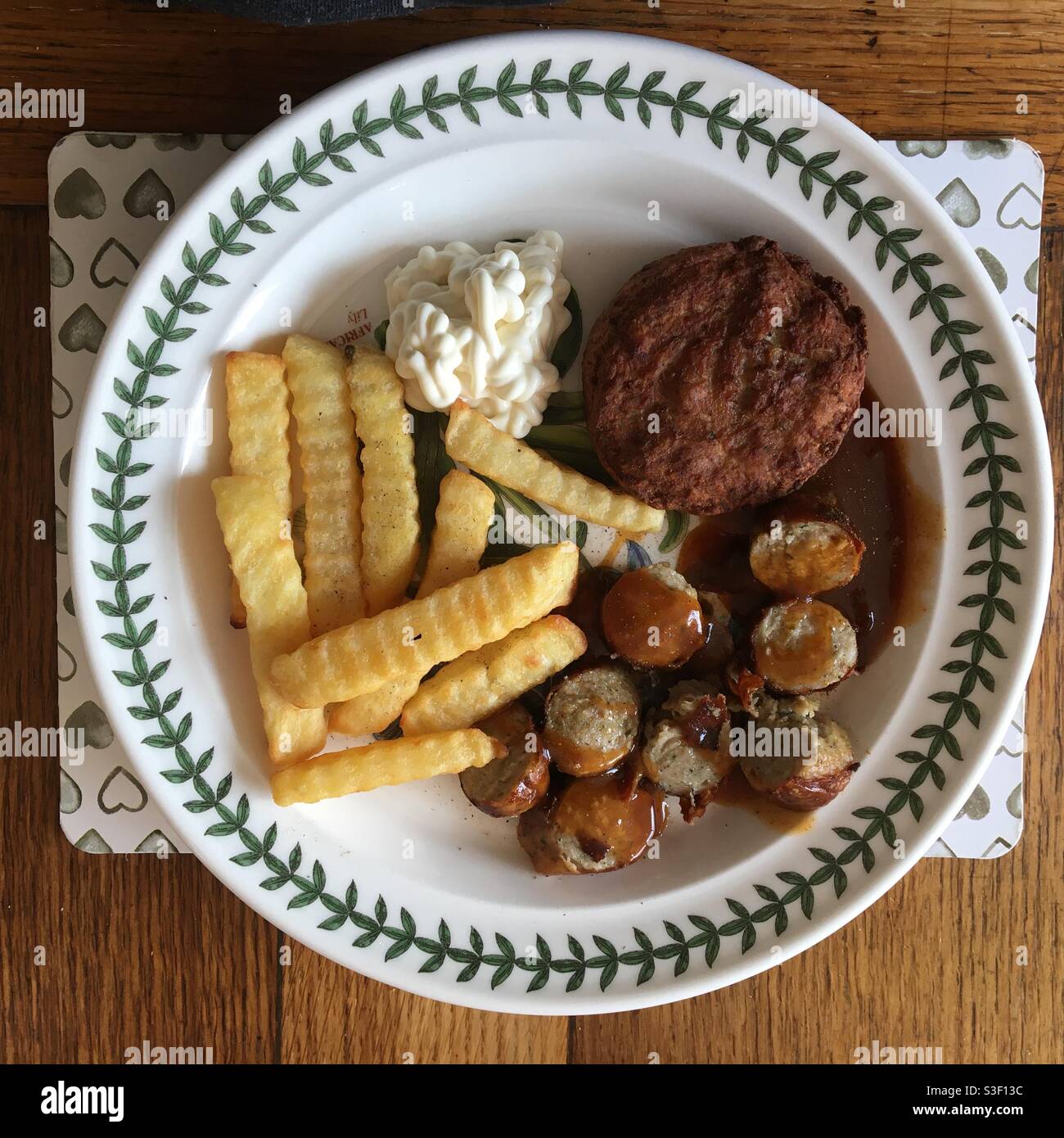 German cuisine curry wurst frikadellan pomme frites and mayo Stock ...