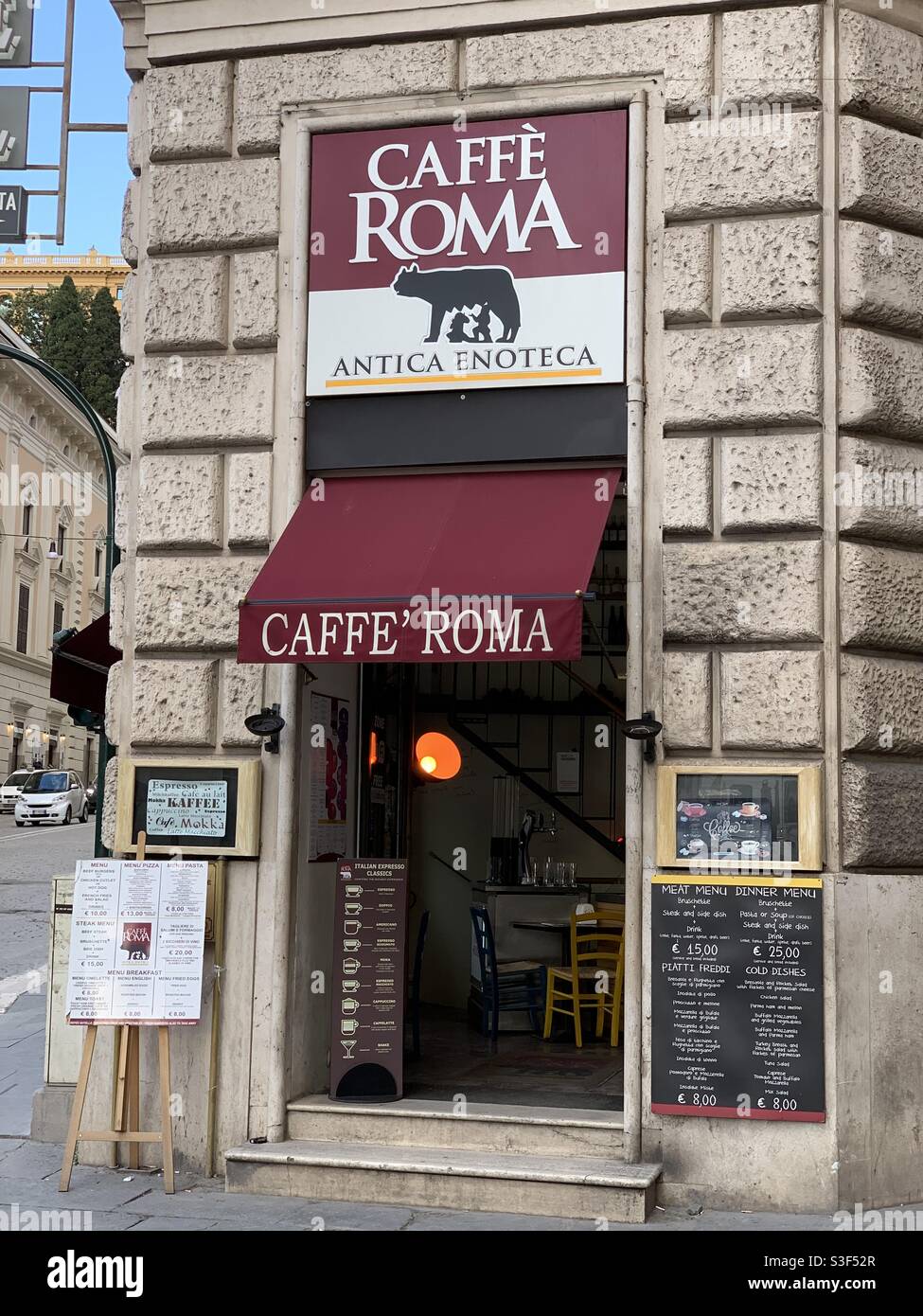 Cafe in Rome, Italy, located between Trevi fountain and the Roman Forum ...