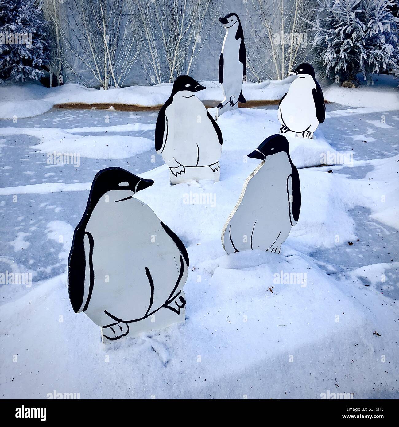 Wooden cut out penguins in outdoor Christmas display, Chatellerault ...