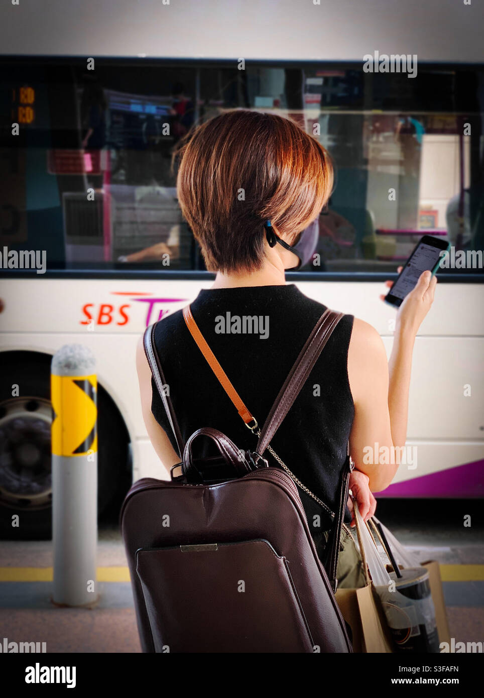 Woman checking on her phone at a bus stop Stock Photo - Alamy