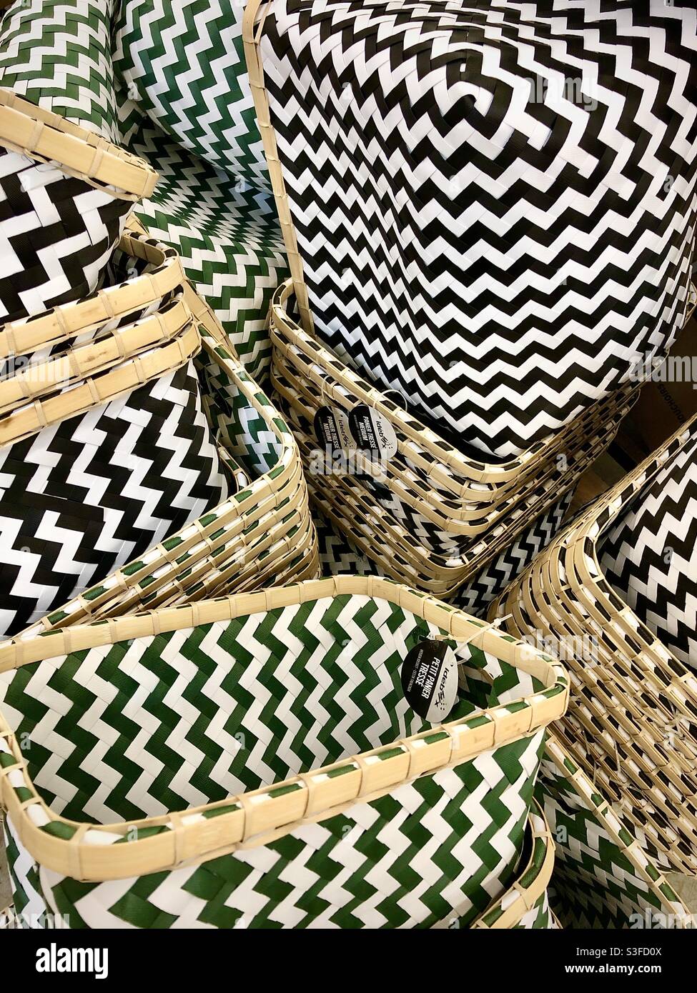Stack of open-topped storage boxes with graphic zig-zag pattern Stock ...
